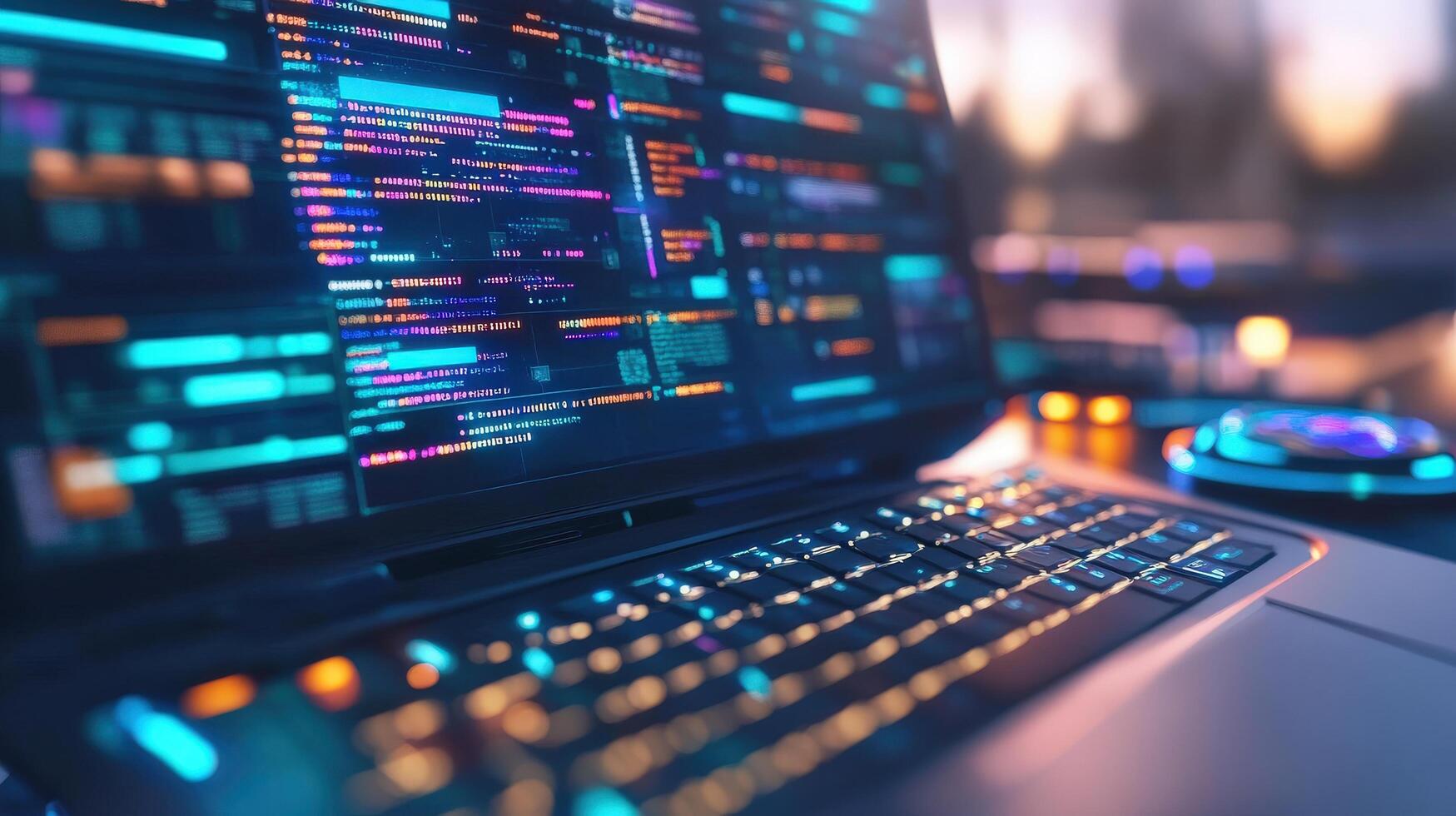 Laptop computer displays detailed programming code with illuminated keyboard keys 66240612 Stock ...