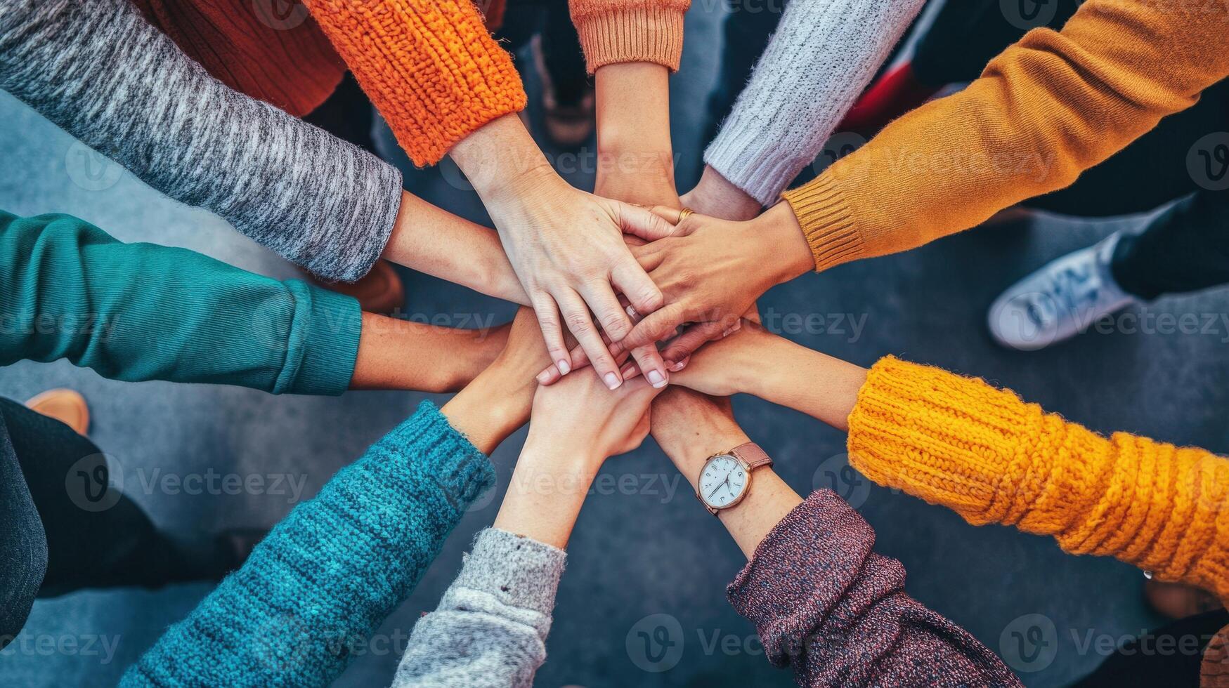 Diverse women's hands clasped together in a circle of unity. 66241316 Stock Photo at Vecteezy