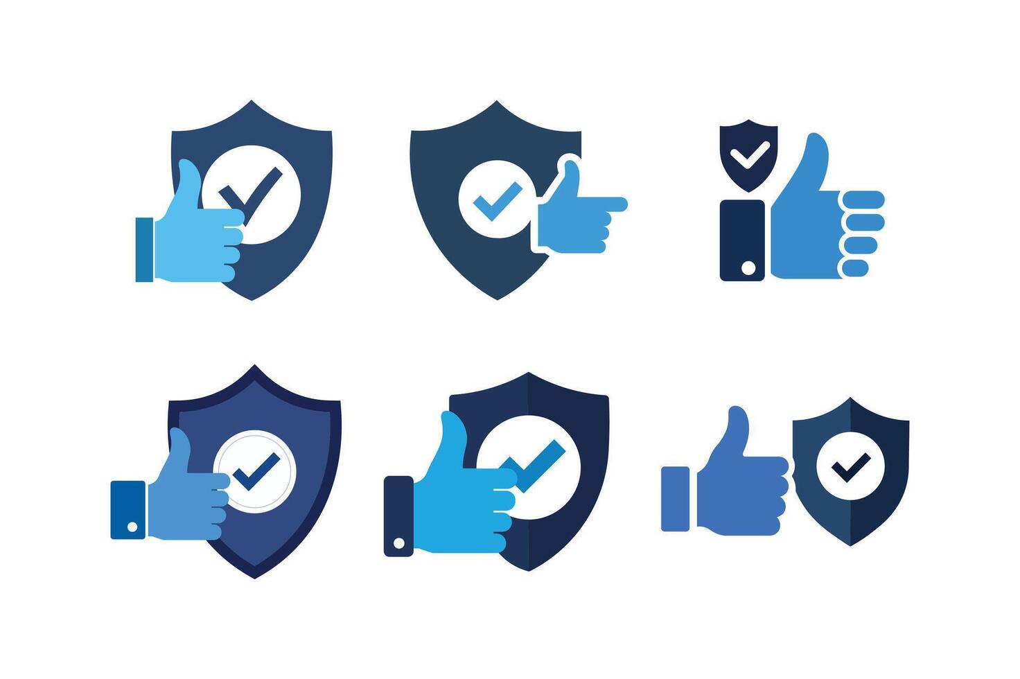 Blue thumbs up icons and shields with check marks representing approval and security concepts ...