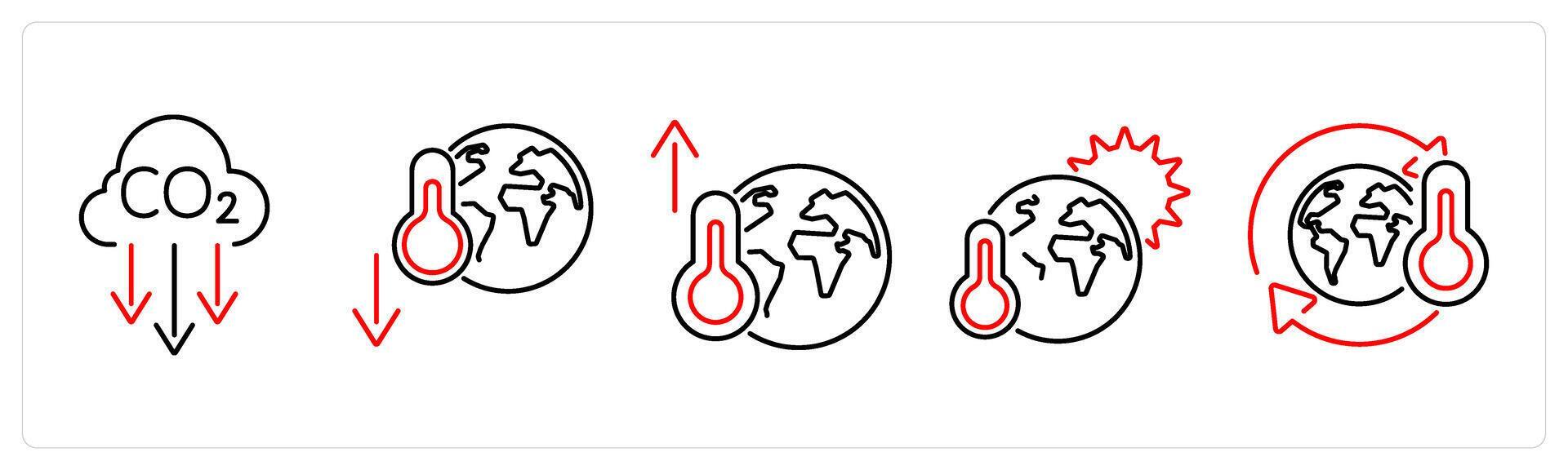 5 climate change icons as co2 reduction, temperature decrease, temperature increase in red bold ...