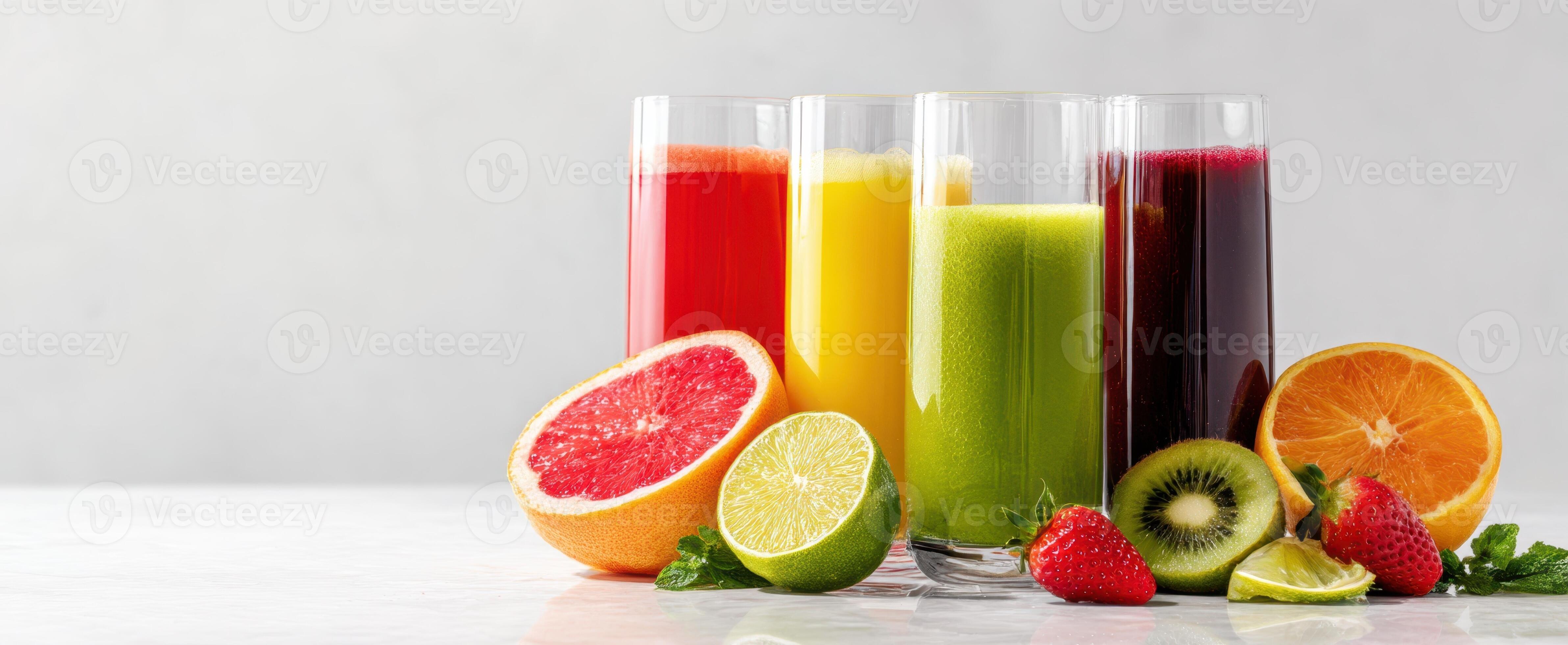 The vibrant assortment of fresh juices and fruits on a table. 66267021 Stock Photo at Vecteezy