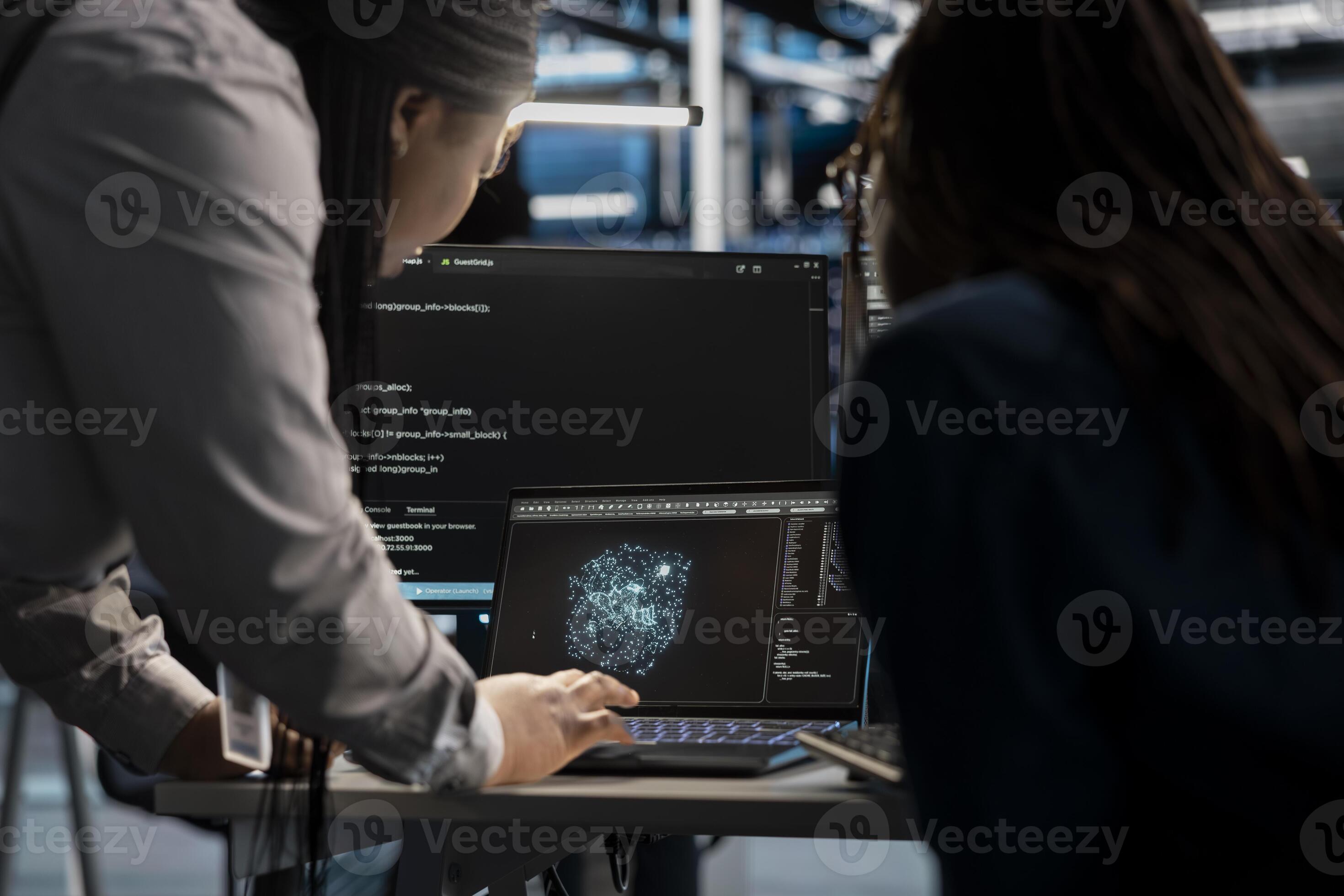Data center engineering team using AI visualization tool to optimize resource allocation. Server ...
