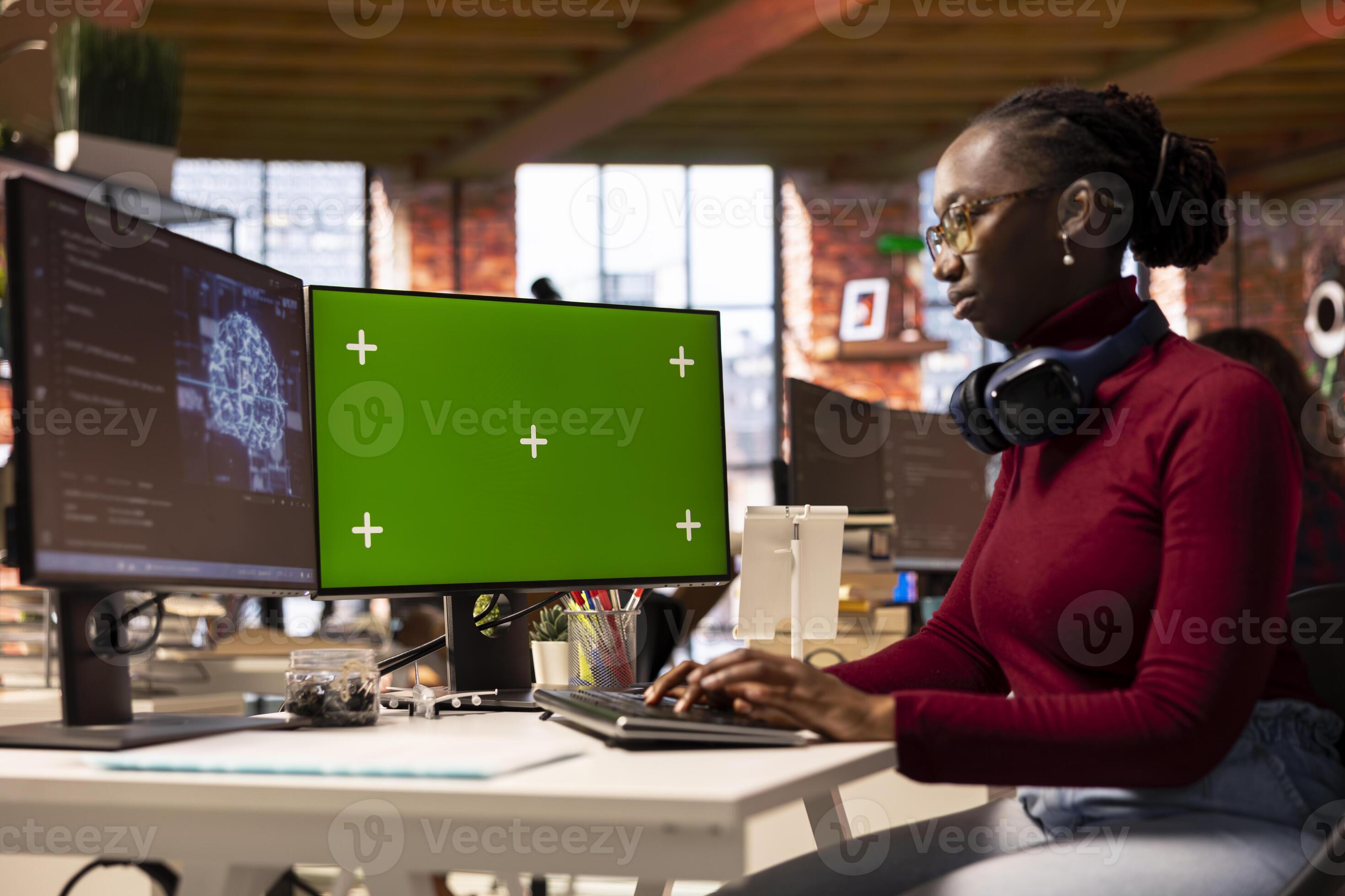 AI startup office software engineer using isolated screen PC, implementing machine learning ...