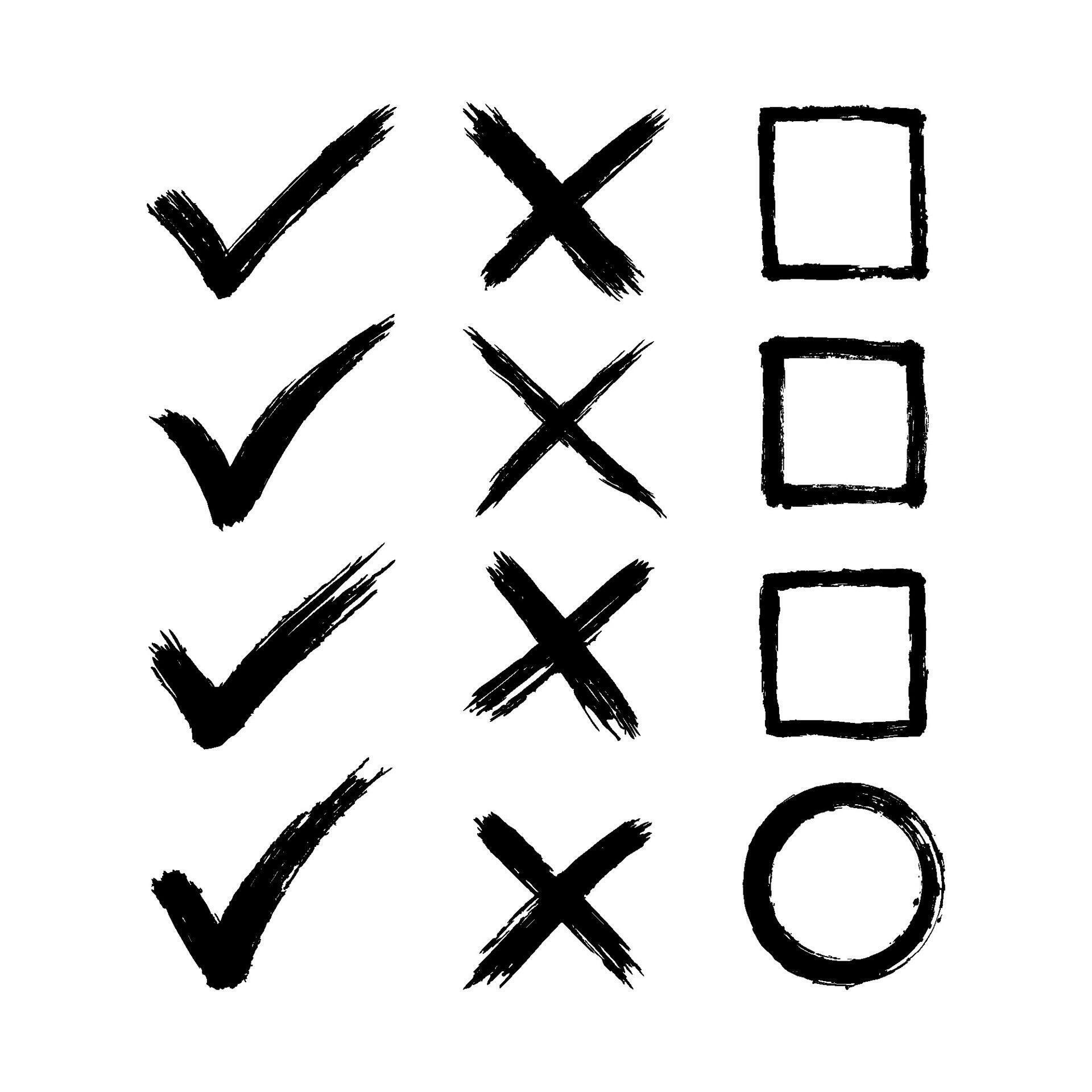 Grunge style brush strokes forming checkmarks, X marks, empty squares and a circle on a clean ...