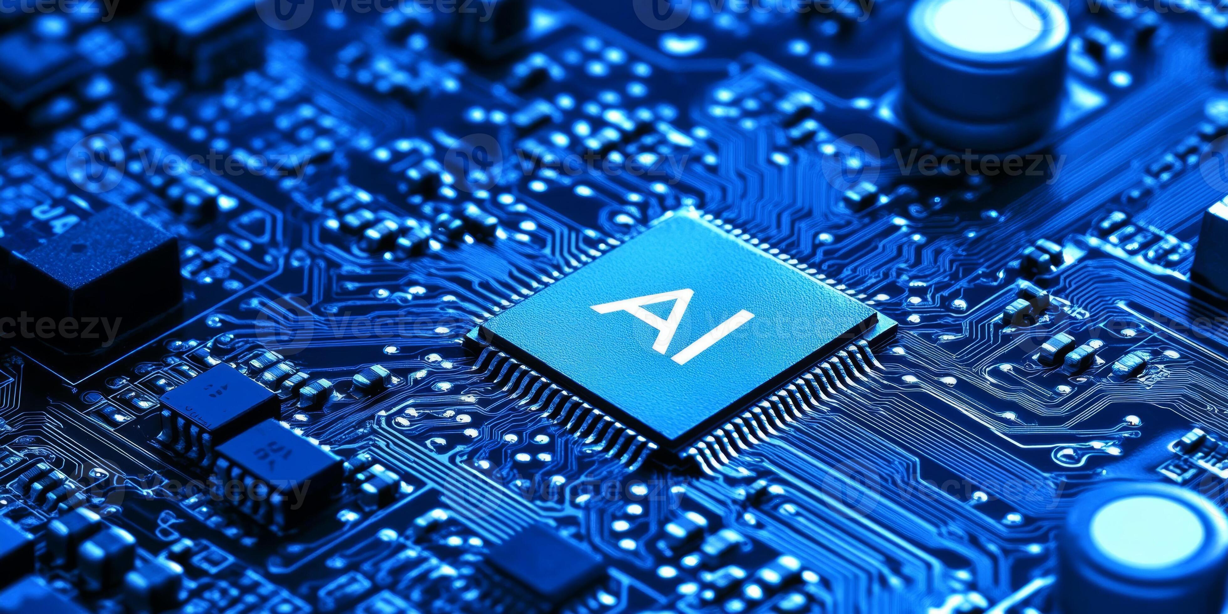 Close-up view of a microprocessor on a circuit board showcasing artificial intelligence ...