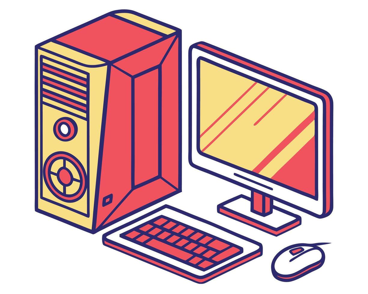 Isometric Illustration Of A Desktop Computer Setup With Monitor