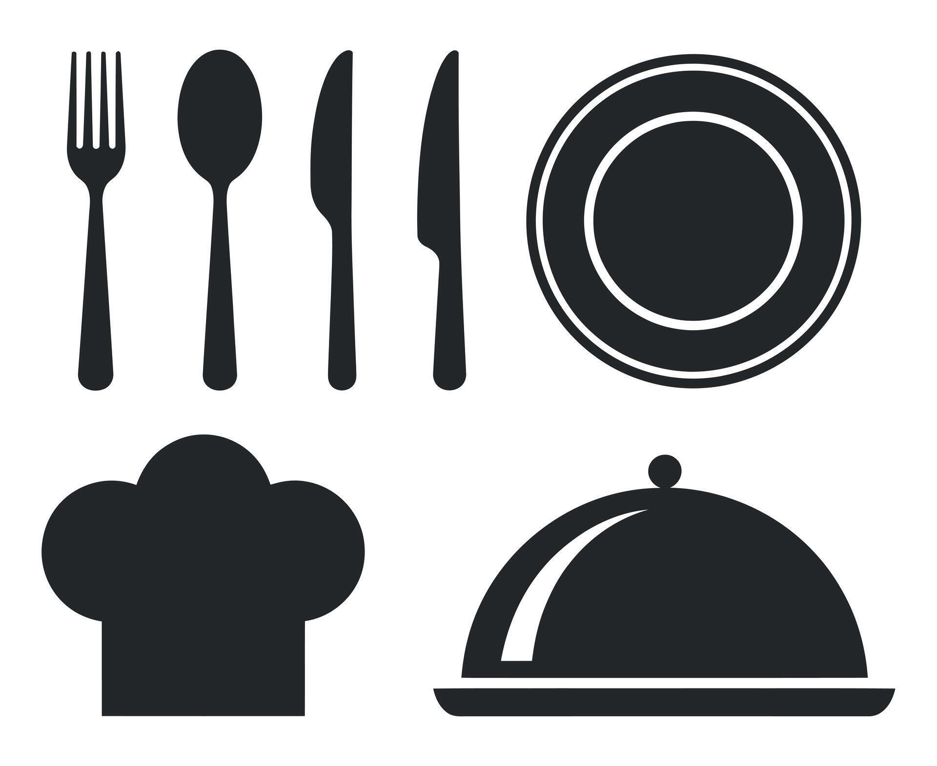 Restaurant Menu Icons Set Fork Spoon Knife Plate Chef Hat Food Dome ...