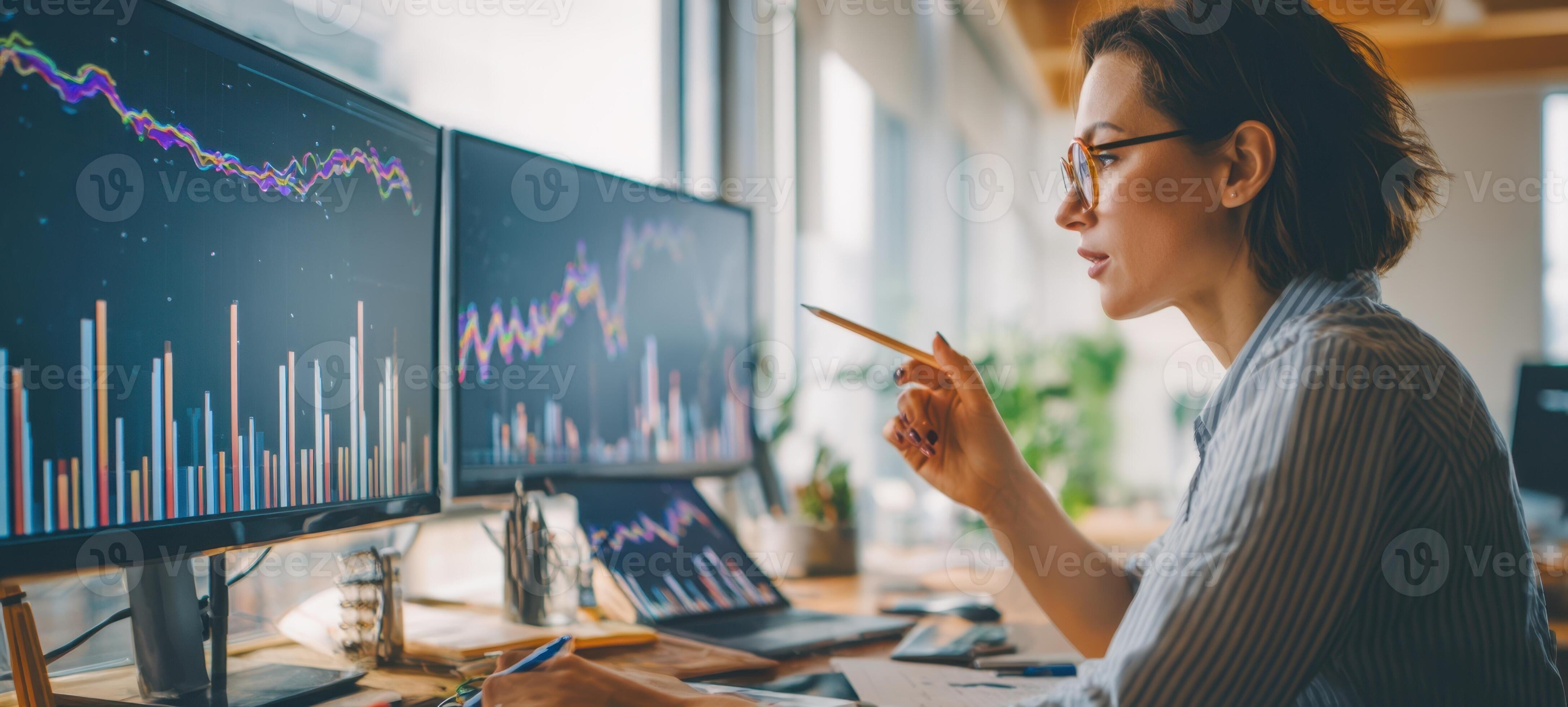 The woman analyzing data trends on multiple computer screens in a ...