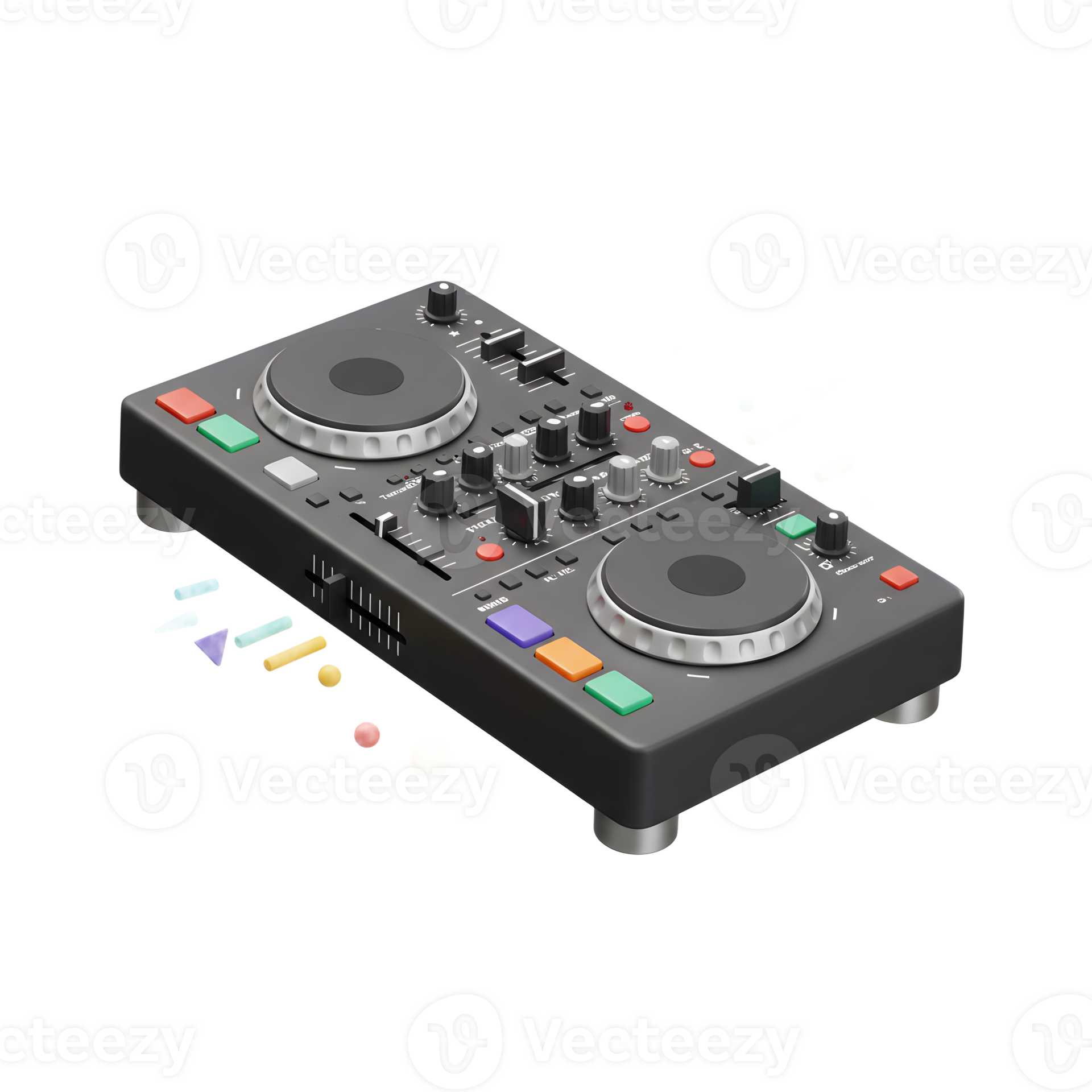This is an image of a black DJ mixer turntable surrounded by colorful shapes, often used by DJs ...
