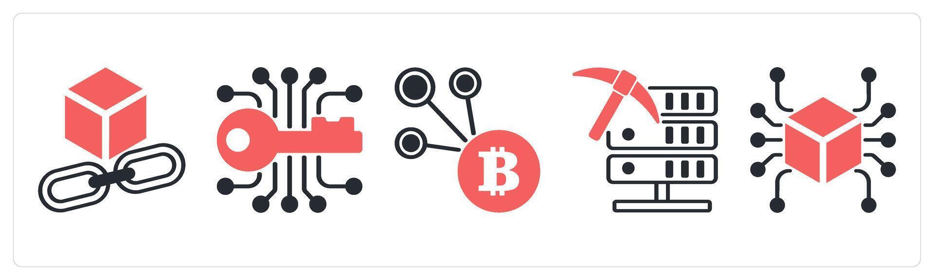 5 cyrptocurrency icons as blockchain link, encryption, key, bitcoin network in red color ...