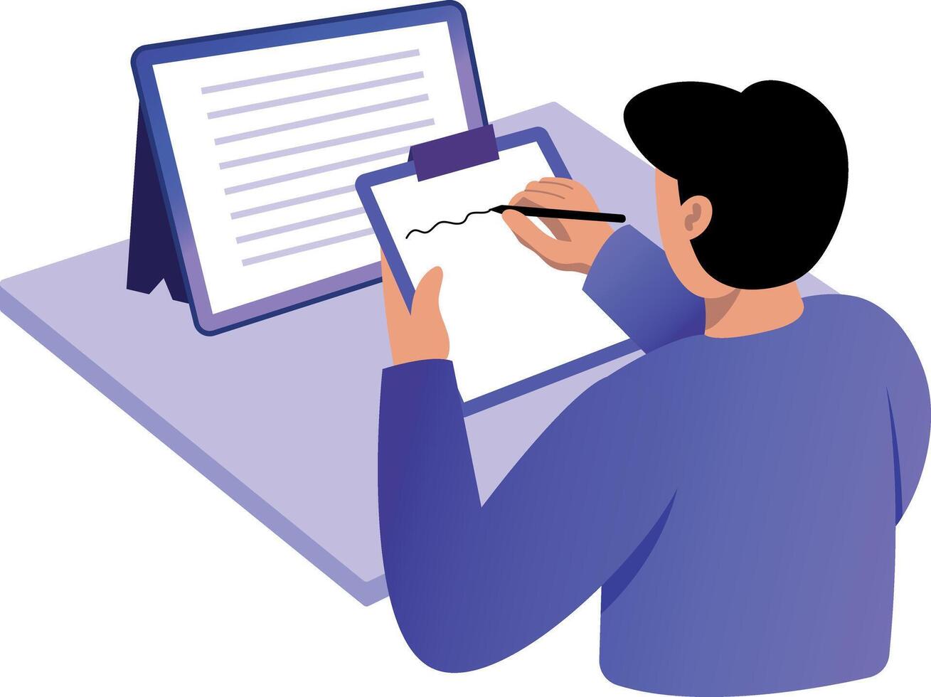 Flat style illustration depicting a student writing study notes ...