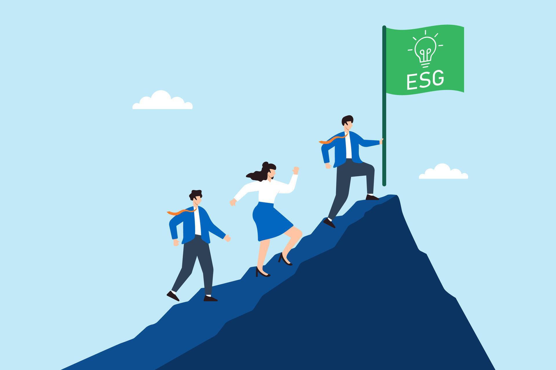 Flat illustration of employees climbing mountain with green ESG lightbulb as corporate ...