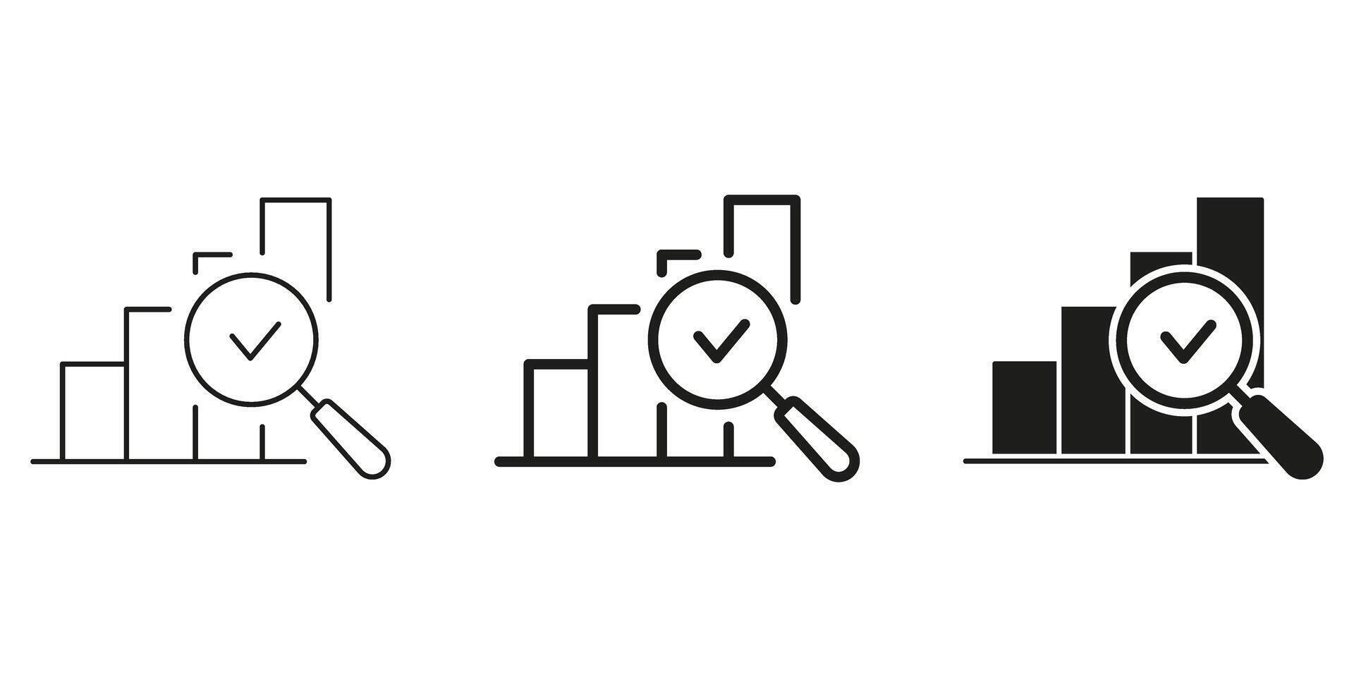 Bar Chart With Magnifying Glass And Checkmark Line And Solid Icon Set. Data Analysis ...