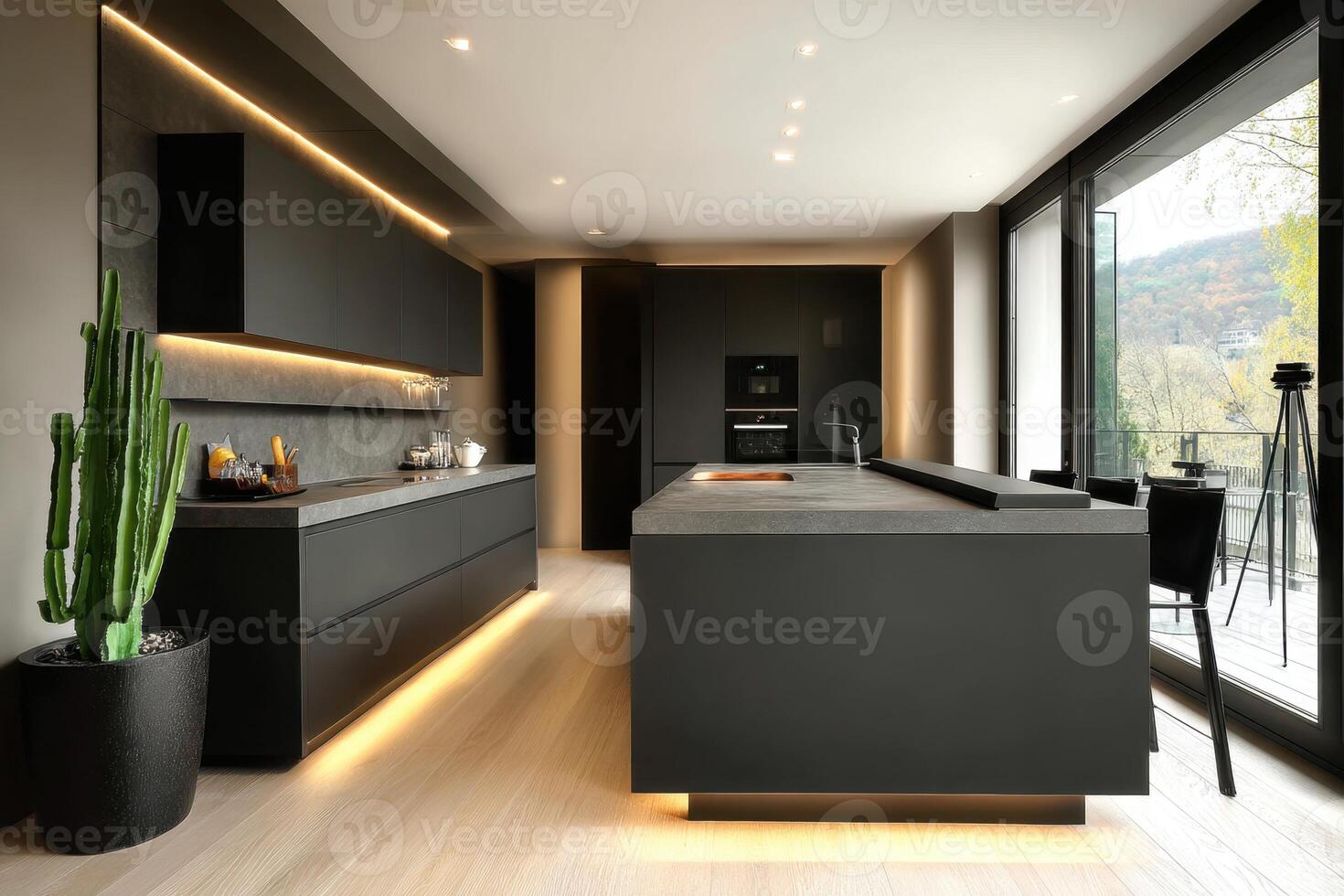 Modern Kitchen Design Ideas Dark Color Schemes and Natural Light Fixtures Styles 66580510 Stock ...