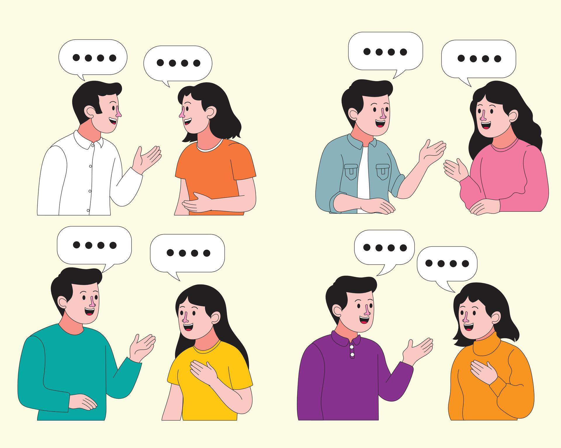 Casual conversation scene in flat style showing a man and woman talking using speech bubbles ...