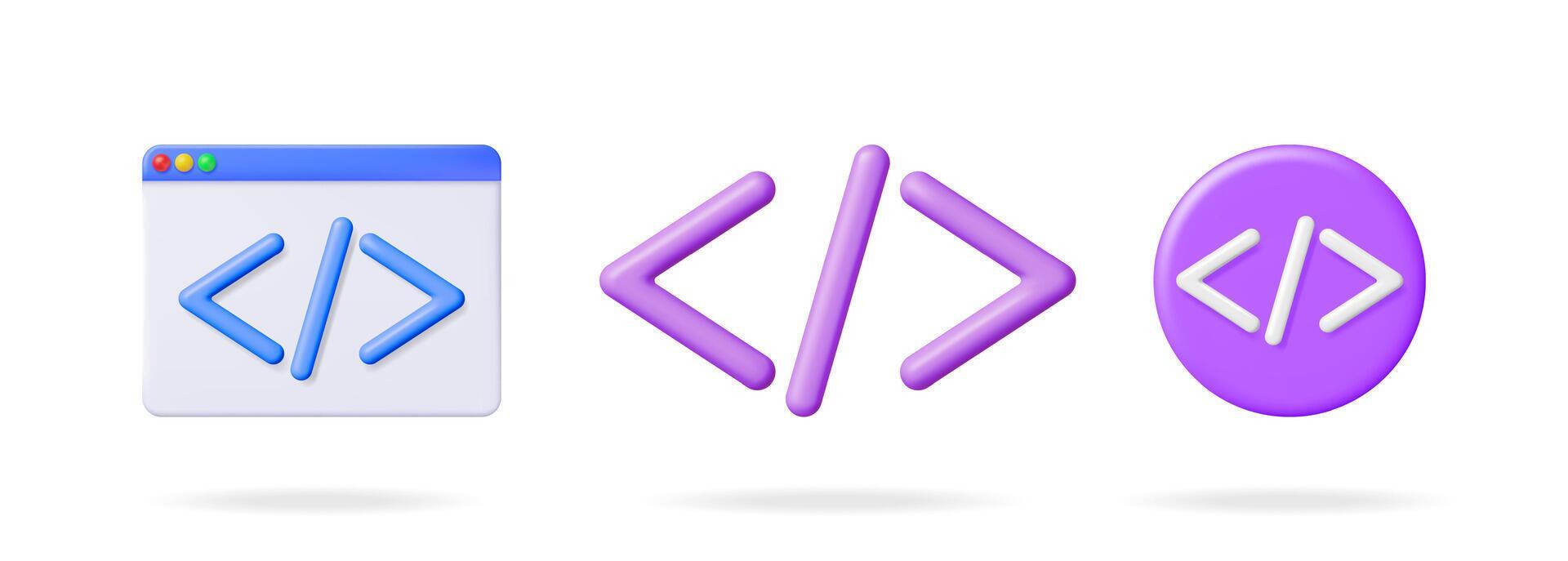 Set of 3d code icons. Web browser window with a code symbol. Programming language interface ...
