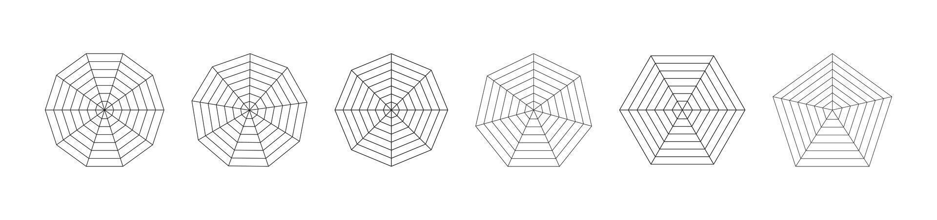 Radar, spider diagram flat templates. Spider mesh patterns. Polygon ...