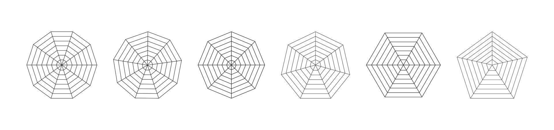 Radar, spider diagram flat templates. Spider mesh patterns. Polygon ...