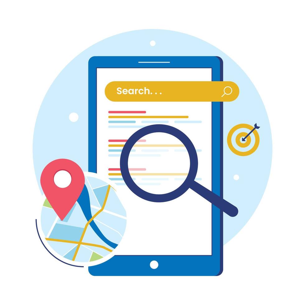 Local SEO Optimization with Search, Map Pin, and Mobile Device Illustration 66679588 Vector Art ...