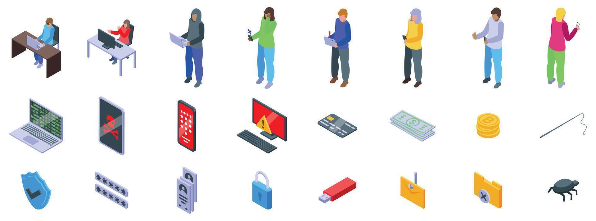 Bait hacking icons set. Cyber security threats and data protection ...