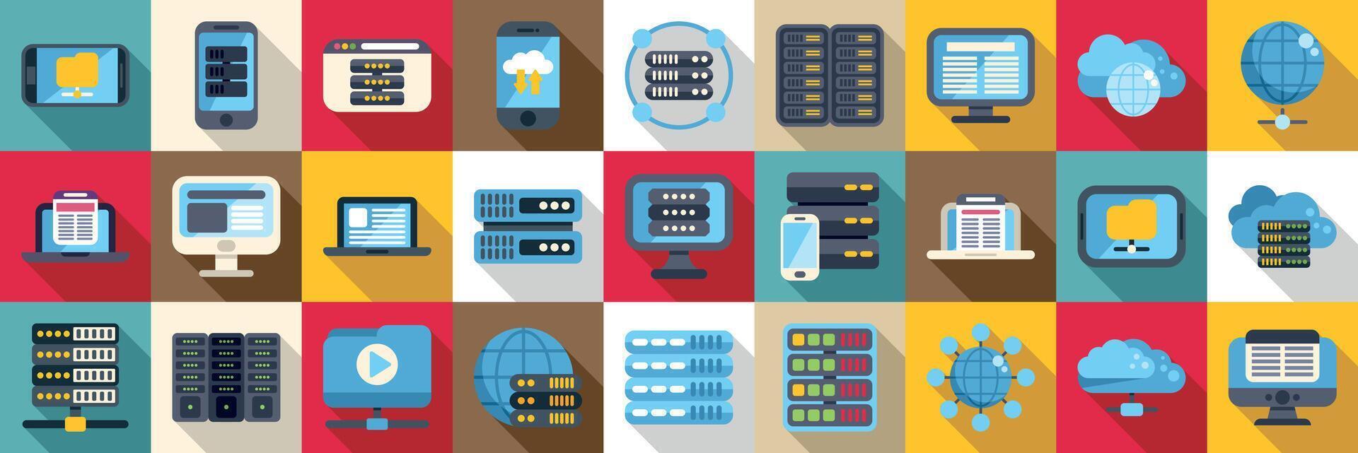 CDN icons set. Hosting servers connecting through various electronic devices in flat design ...