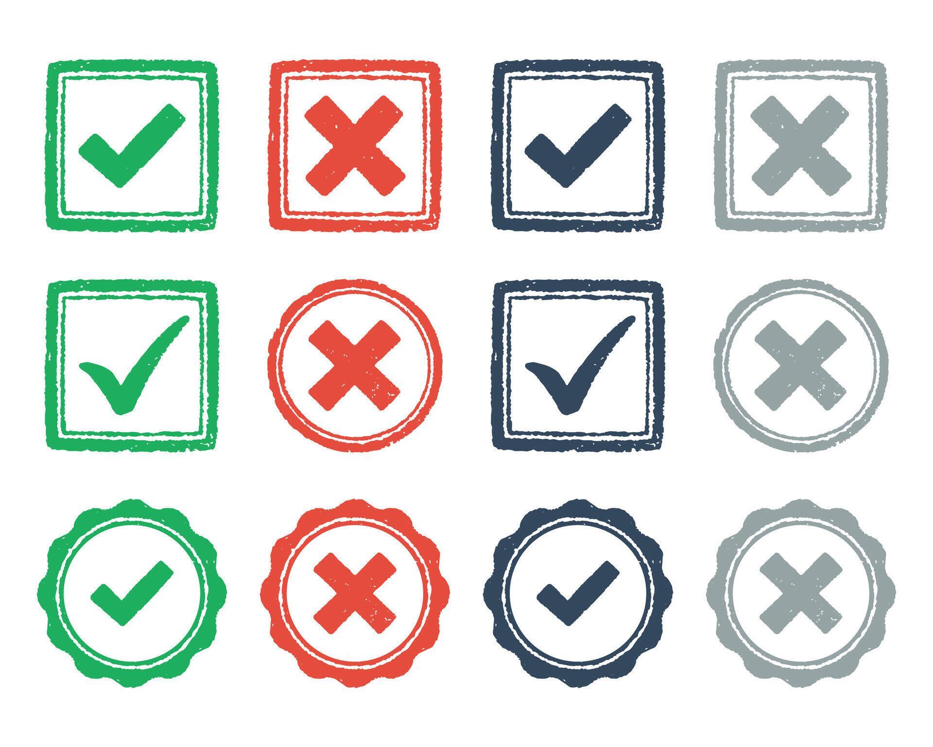 Checkmark and cross stamp icon pack, symbolizes approved, rejected, verified, denied, accepted ...