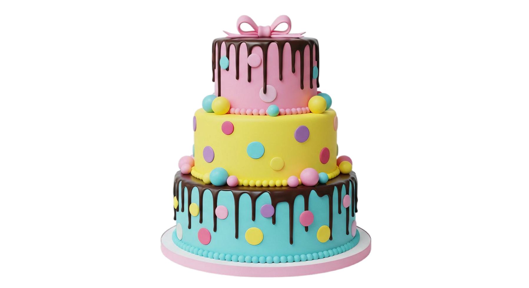 Whimsical polka dot birthday cake with chocolate frosting and ribbon ...