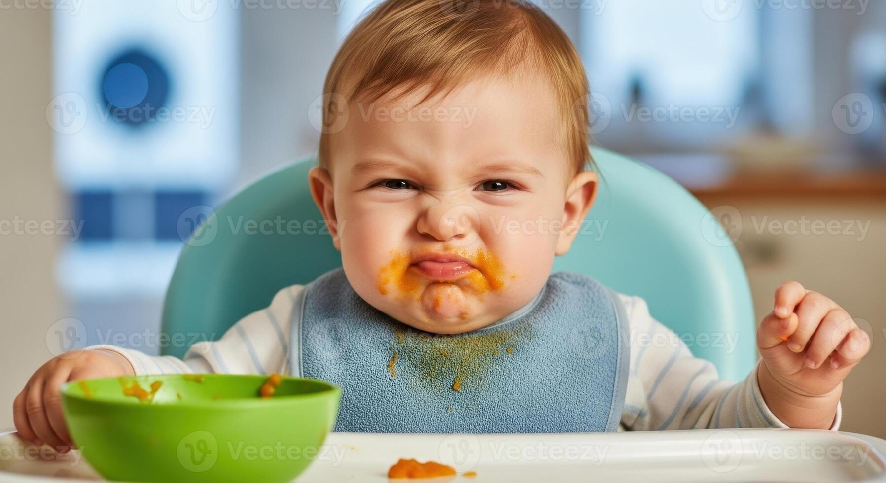 Baby with a Disgusted Expression and Messy Face While Trying New Food ...