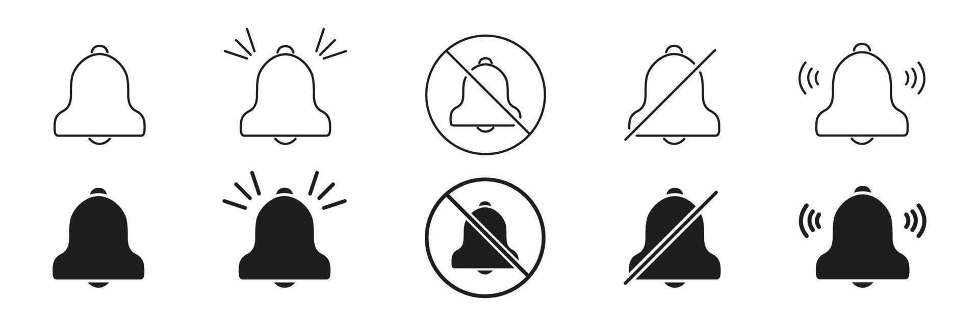 Notification Bell Icon Set. Alert, Silent, And Vibration Modes Outline And Silhouette Symbol ...