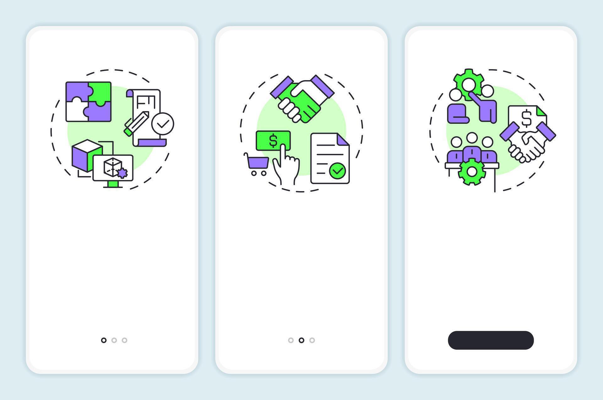 Business framework onboarding mobile app screen. Product development. Walkthrough 3 steps ...