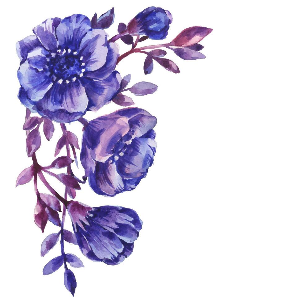Hand Painted Watercolor Purple Flowers and Leaves Illustration Floral ...