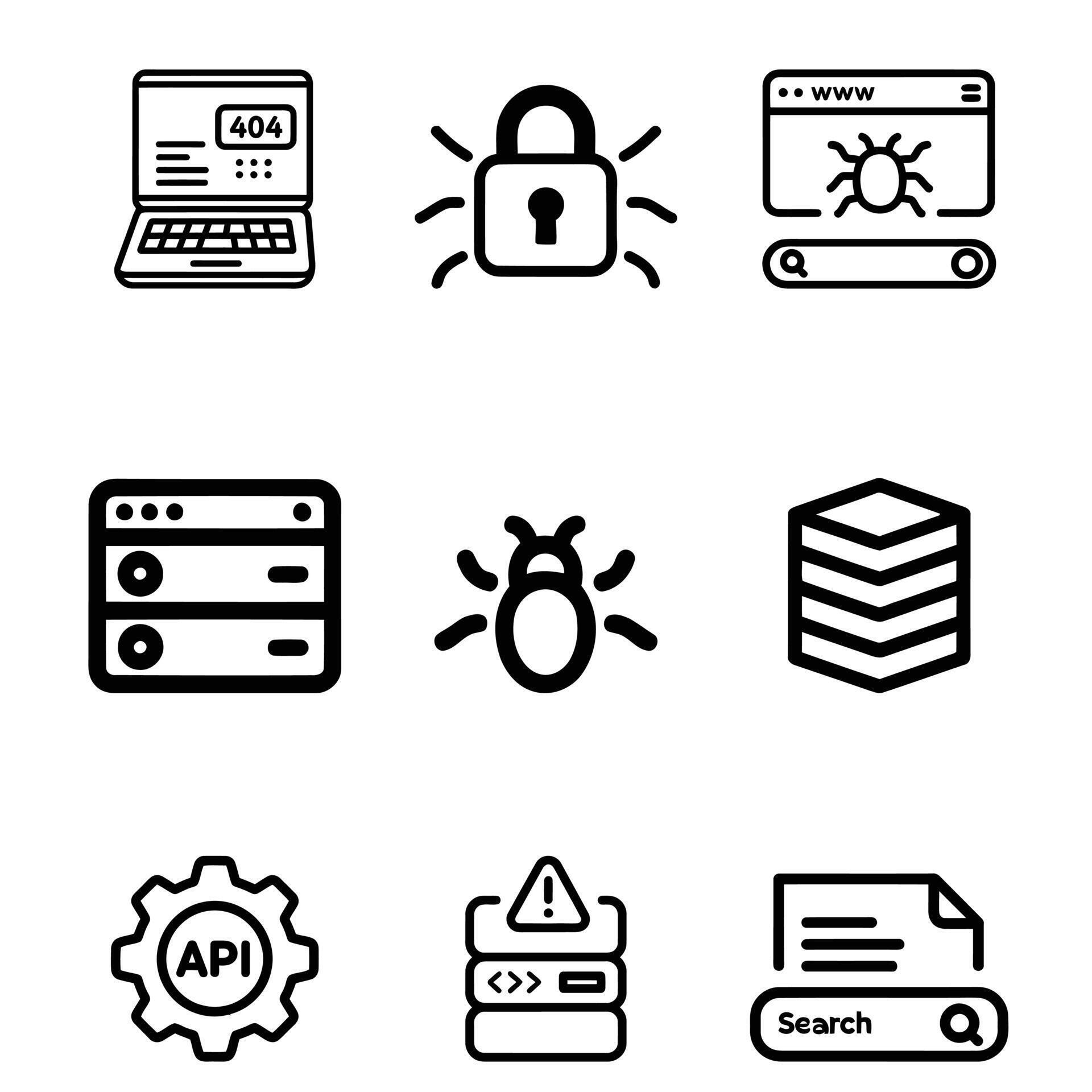 Modern Technology and Web Development Icon Pack Bug, API, Server, Search, SSL, Error, and Data ...