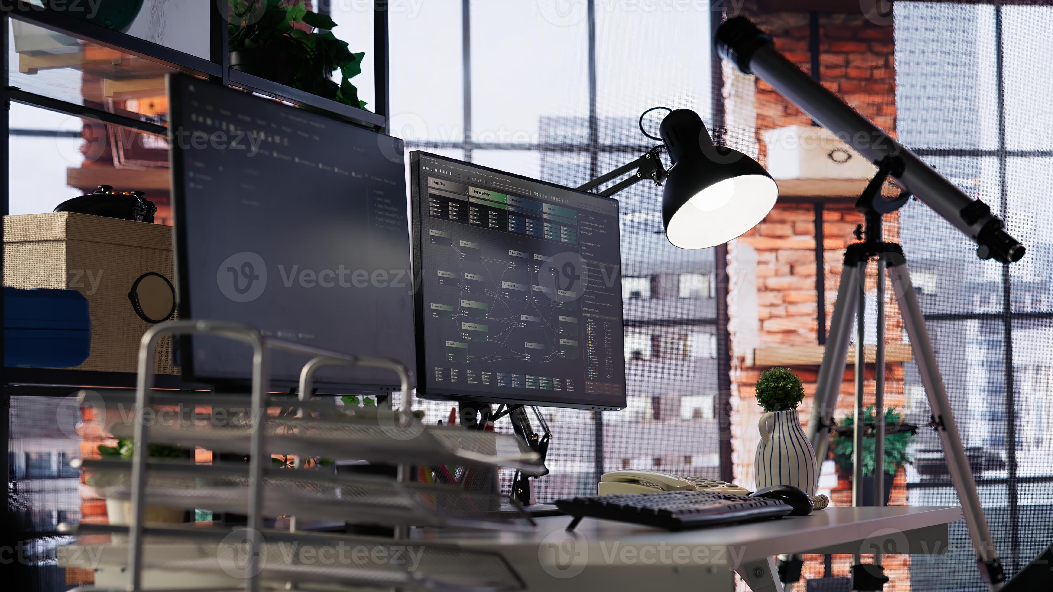 Startup office with program running on PC, debugging applications in different software ...