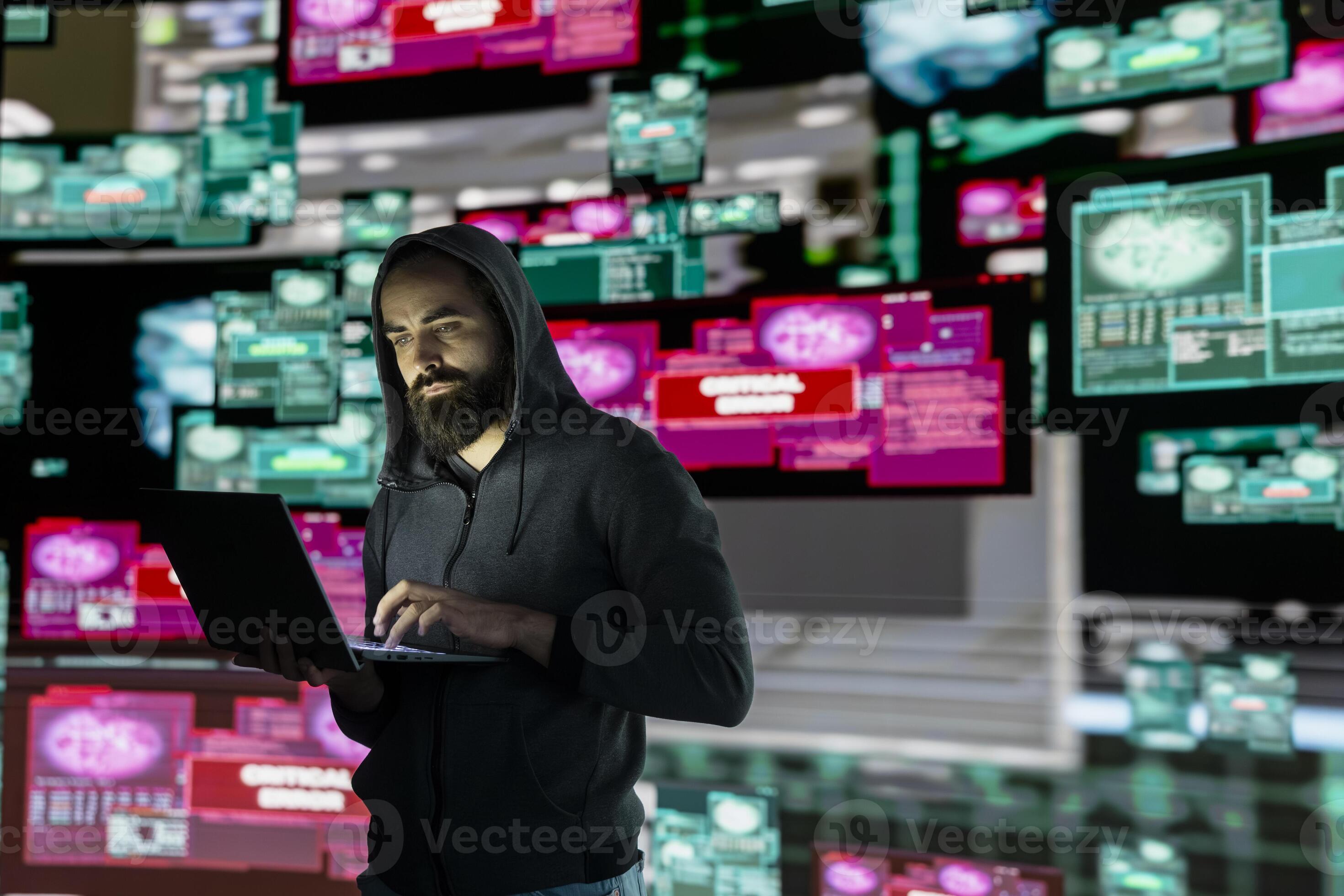 Male Hacker Operates In Stealth Mode Breaching System Access Through Coding Bypassing Firewalls