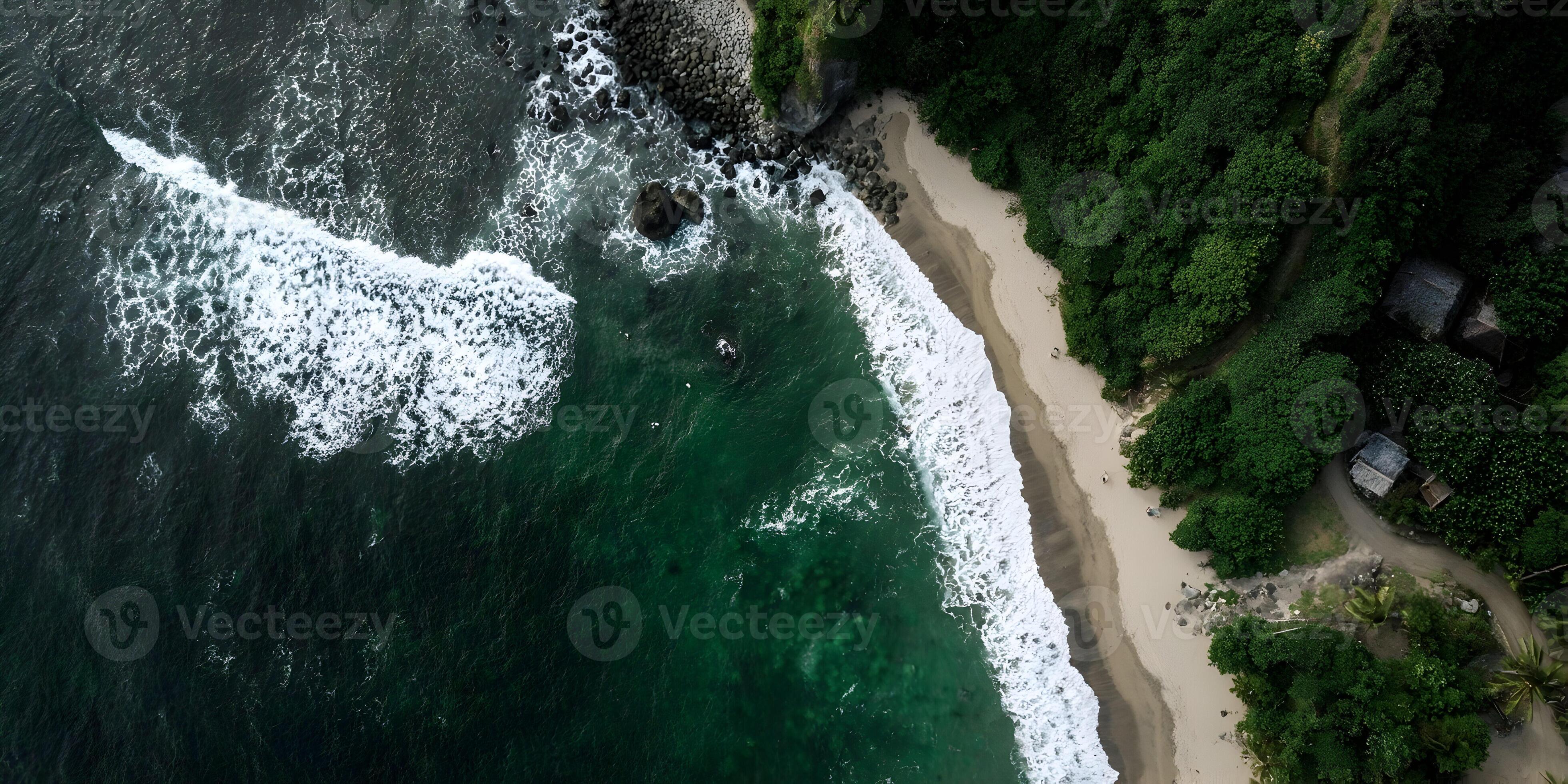 Aerial View Tropical Beach Ocean Waves Sandy Shore Lush Green Forest ...