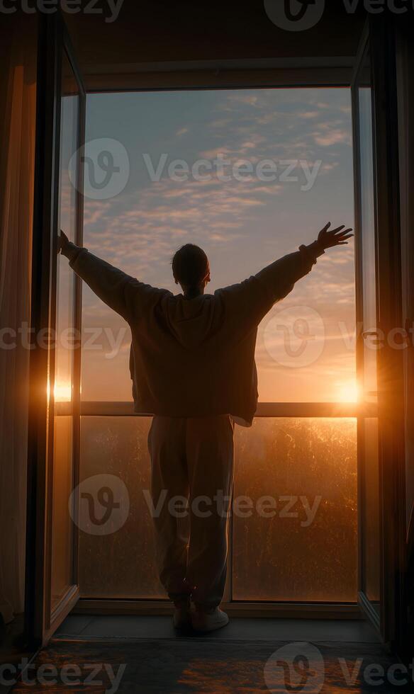 Embracing the Dawn A Silhouette Capturing Hope and New Beginnings with Open Arms Toward the ...