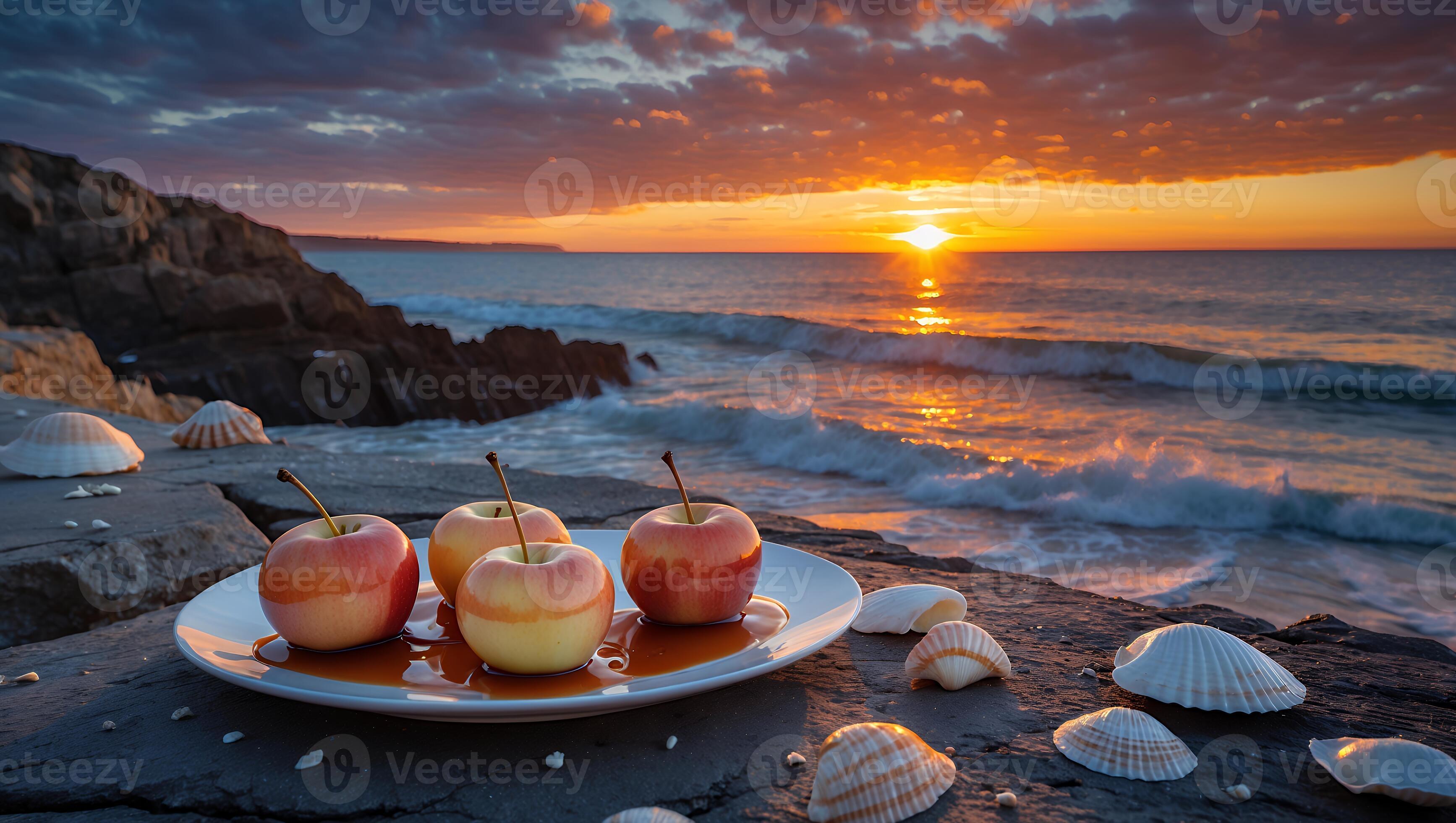 Apples with Caramel Sauce at Seaside Sunset with Seashells 67001499 Stock Photo at Vecteezy