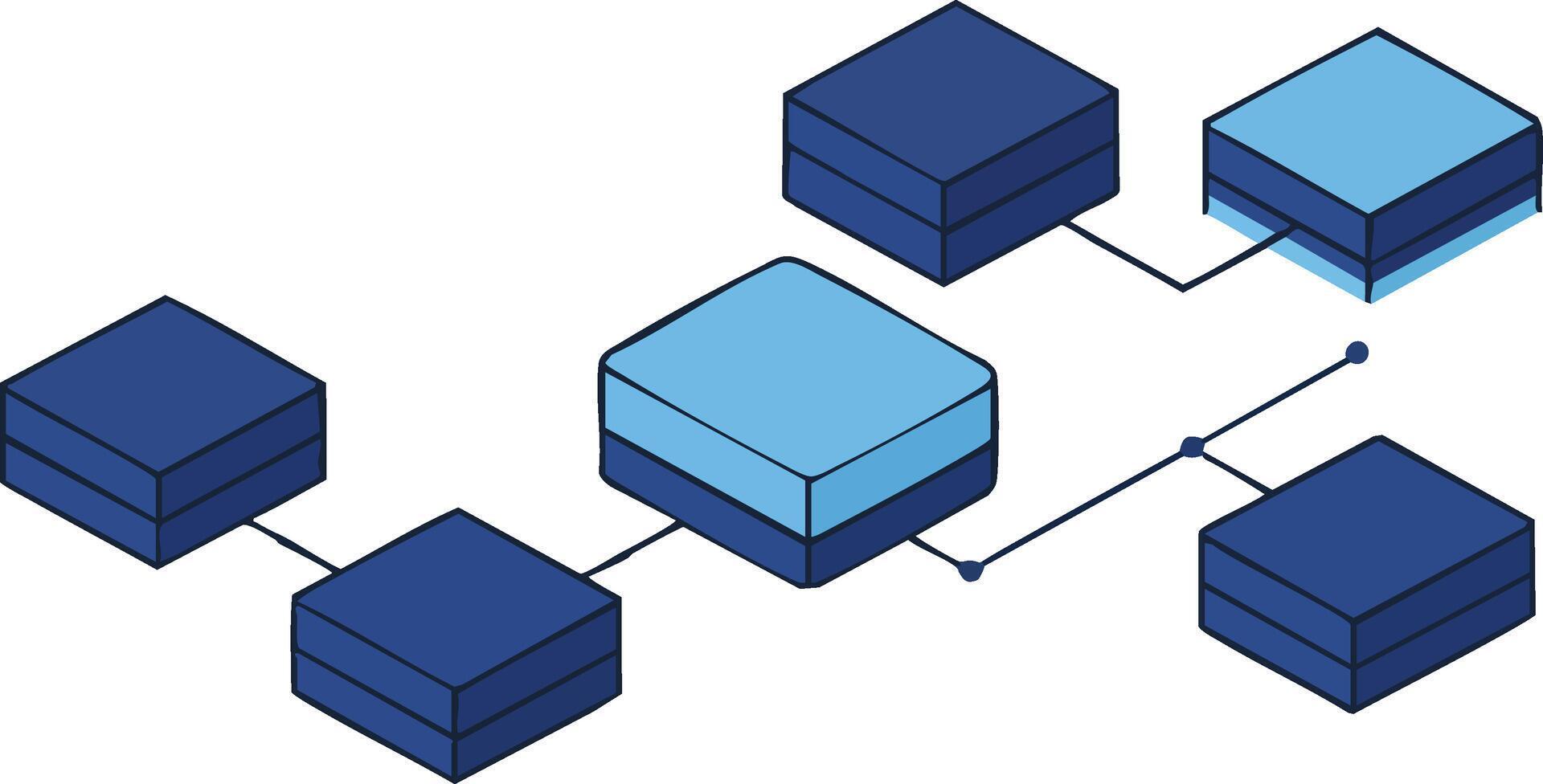 Isometric data network flowchart with blue connected blocks and nodes illustration for ...