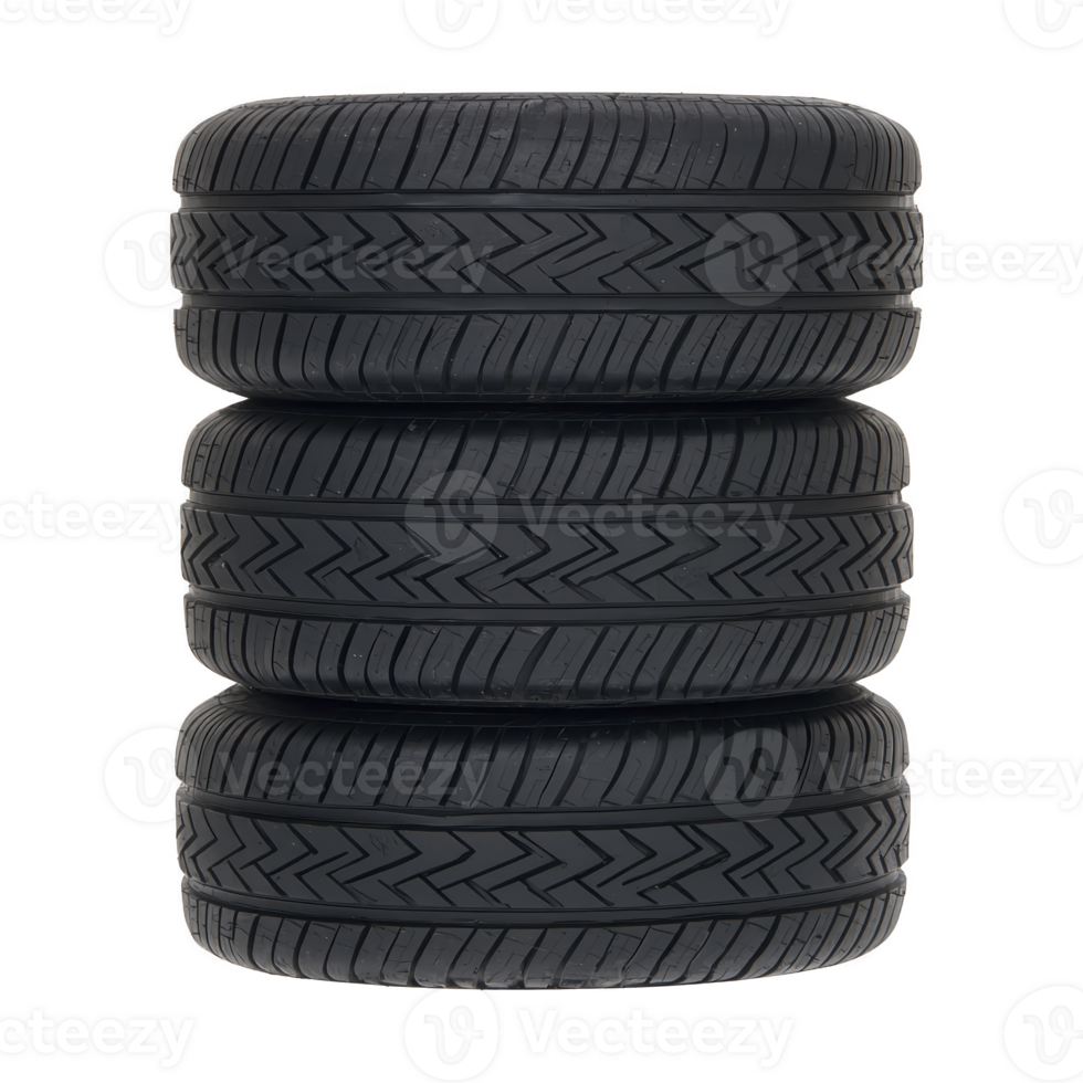 A stack of four black car tires is neatly arranged, showcasing their tread patterns. tires are ...