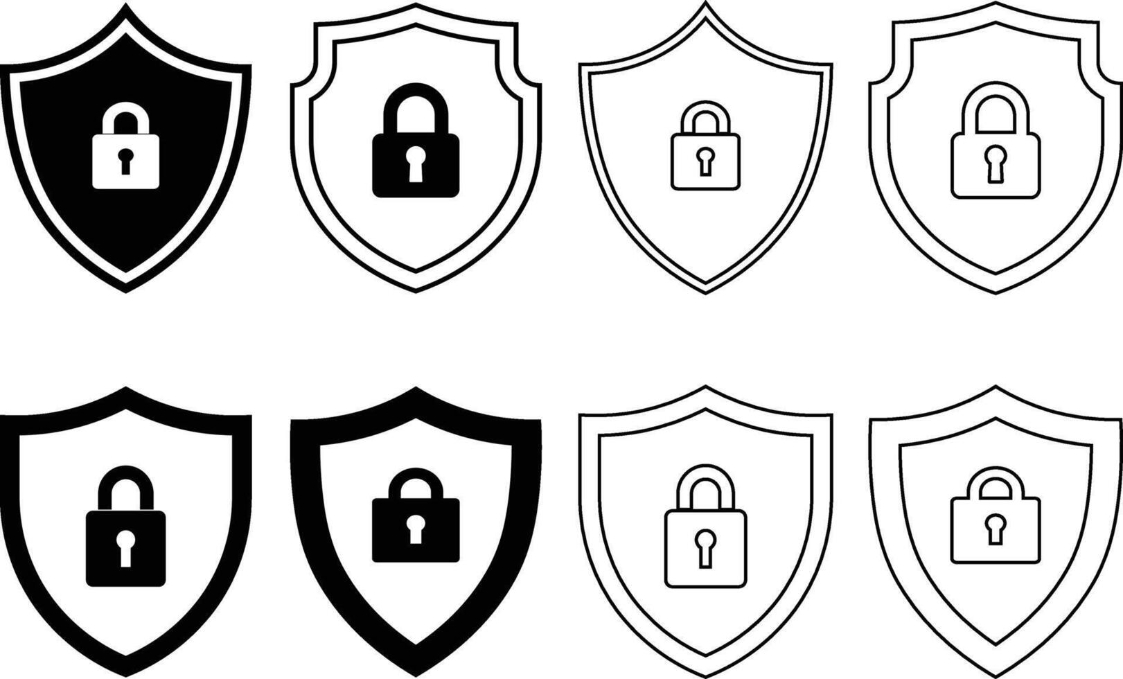 Collection of shield icons with padlock symbolizing security and data protection concepts ...