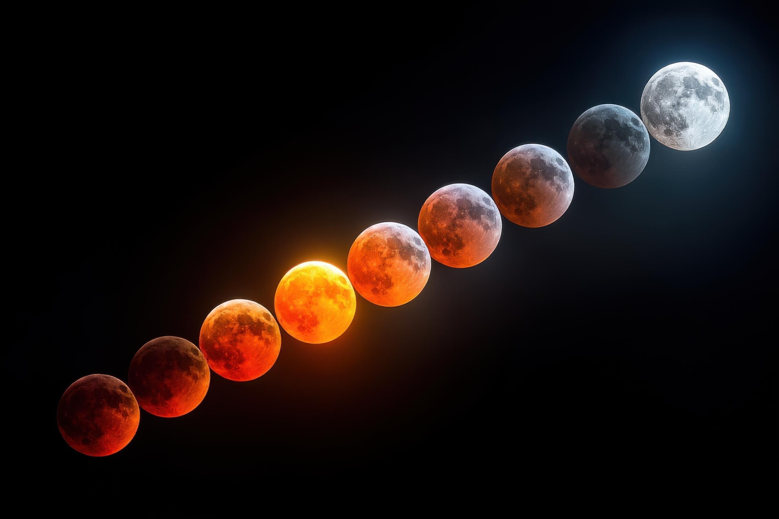 Different phases of a lunar eclipse show the moon transitioning from ...