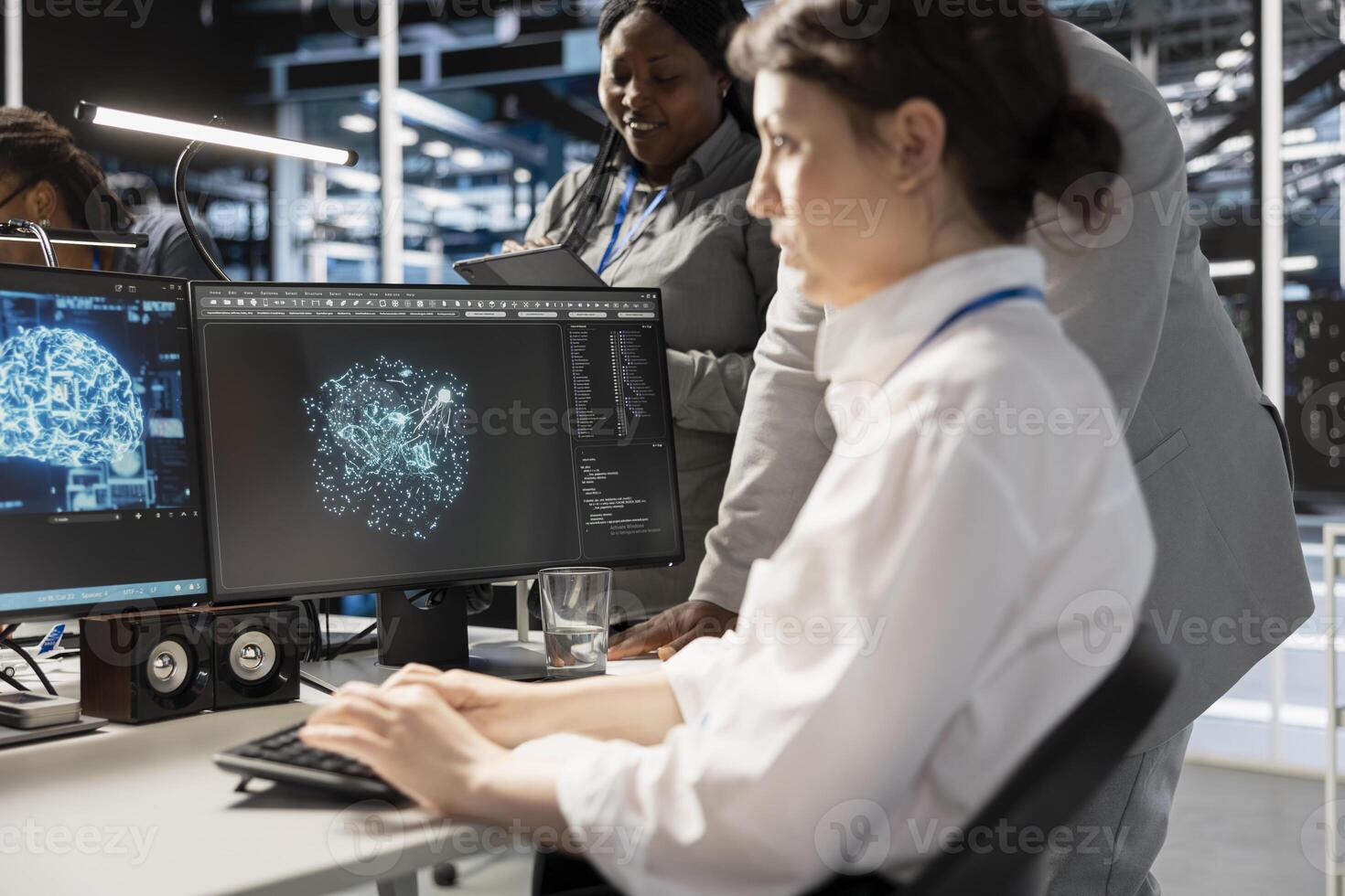 Data center team of programmers using artificial intelligence neural networks technology. Server ...