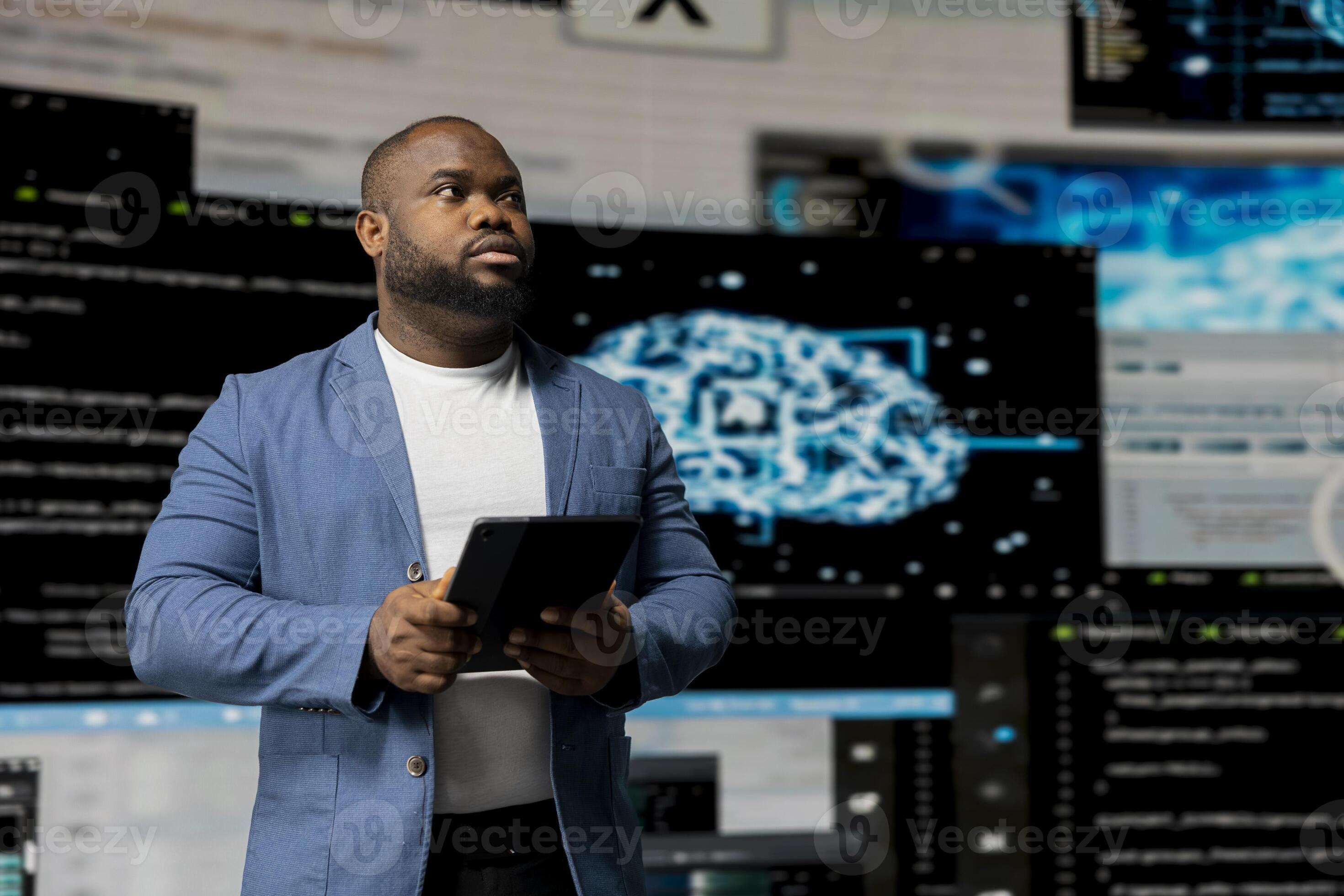 Black software expert focusing on programming language for innovation, reading binary code on ...
