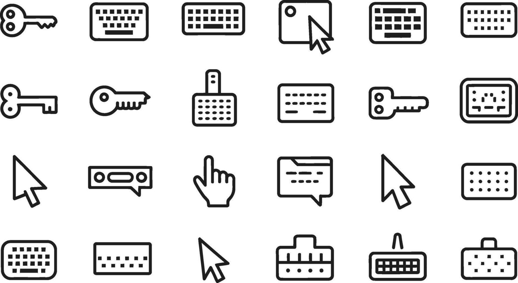 Set of minimalist outline icons representing keys input devices and ...