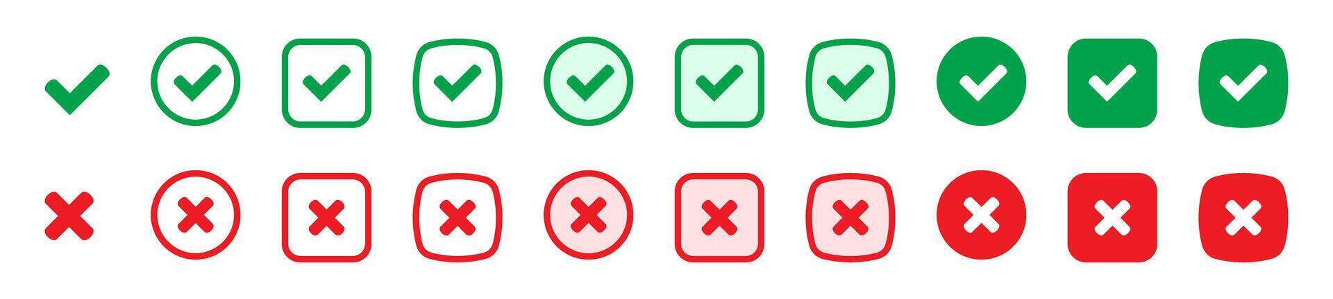 Green tick and red cross checkmarks flat icons. Yes or no symbol, approved or rejected icon for ...