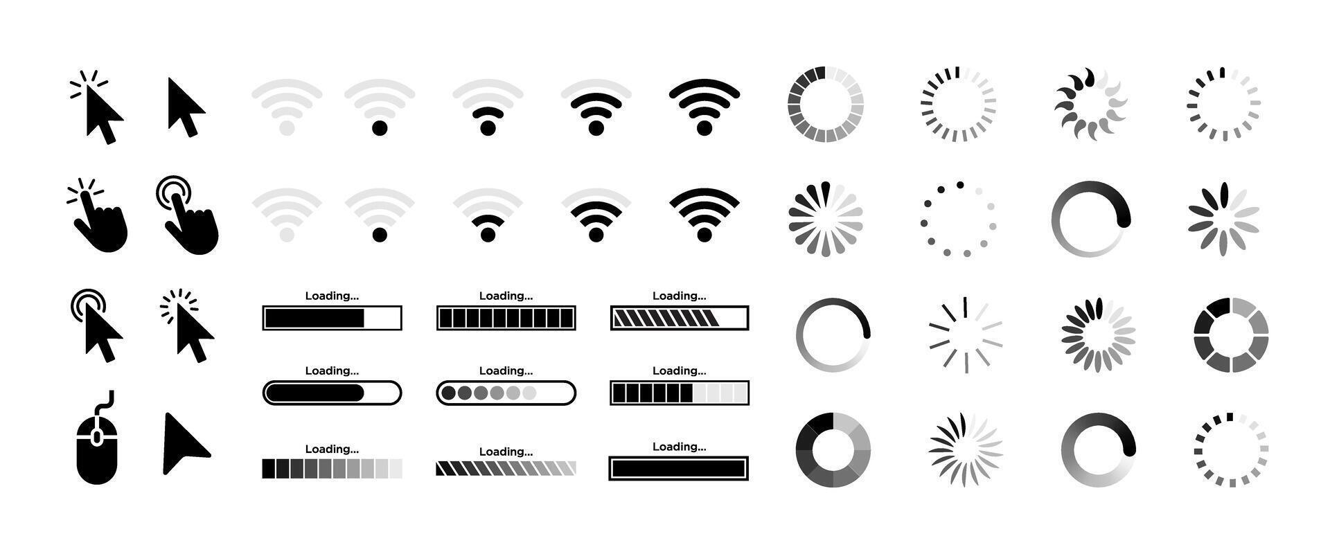Loading icon, cursor hand click, wifi sign, buffer loader, progress bar set. Circle load status ...
