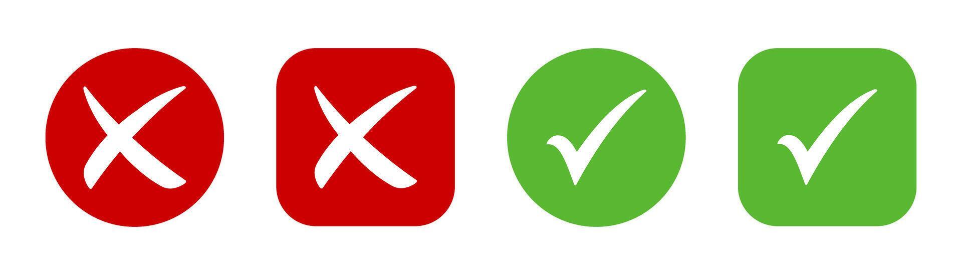 Green check mark, red cross, x mark icon set, hand drawn right and wrong sign concept in circle ...