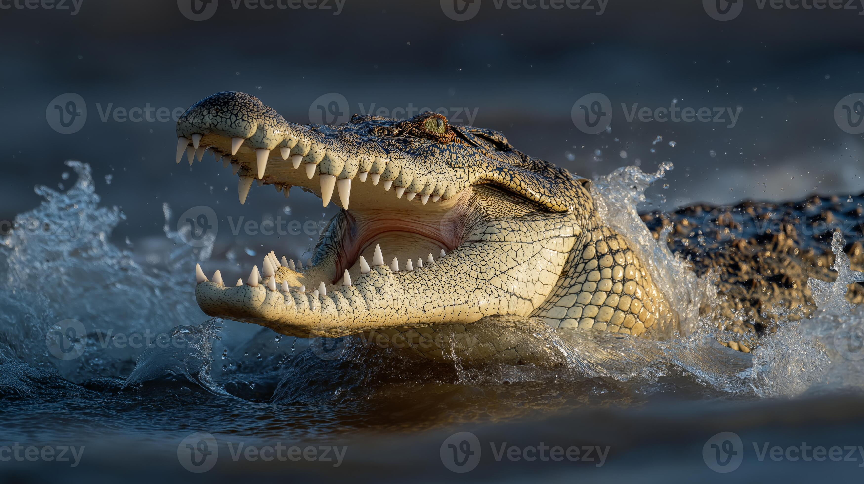 Water splashes around a crocodile as it lunges forward, revealing sharp ...