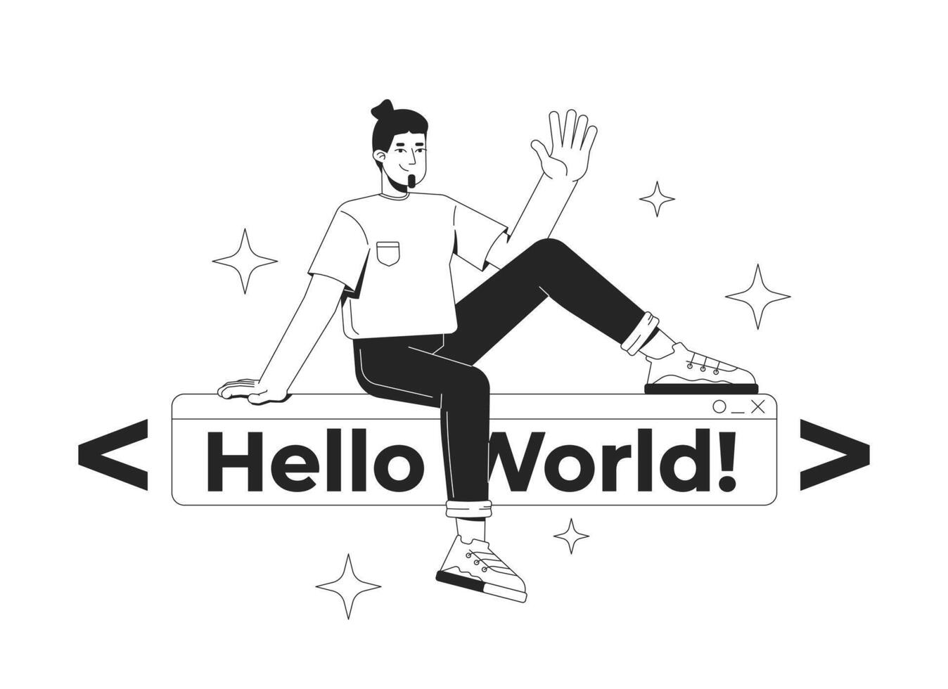 Developer over hello world text banner line illustration concept. IT ...