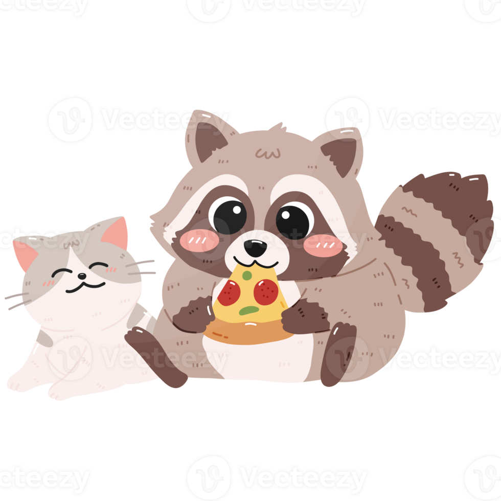 Cute Raccoon and Kitten Pizza Sharing 67520093 PNG